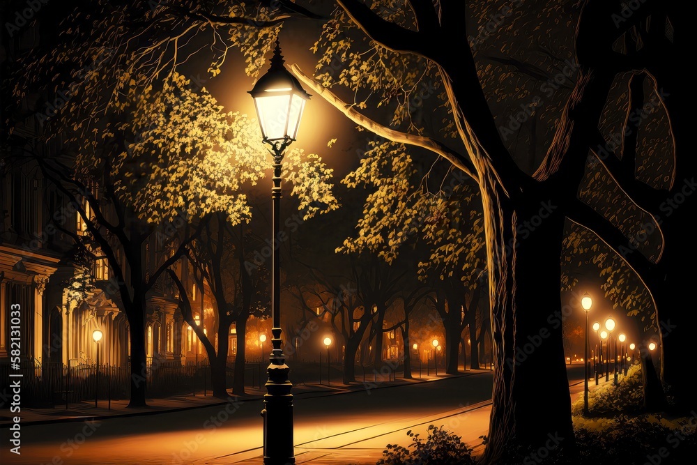 evening street and road illuminated lamp post and trees with ...