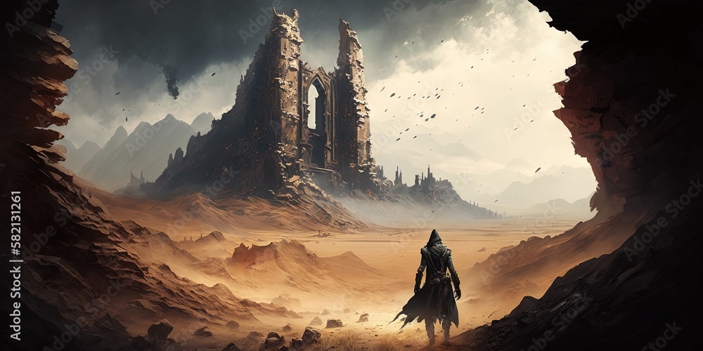 Digital fantasy painting of dangerous evil character overtaking ruined rocky desert fortress ...