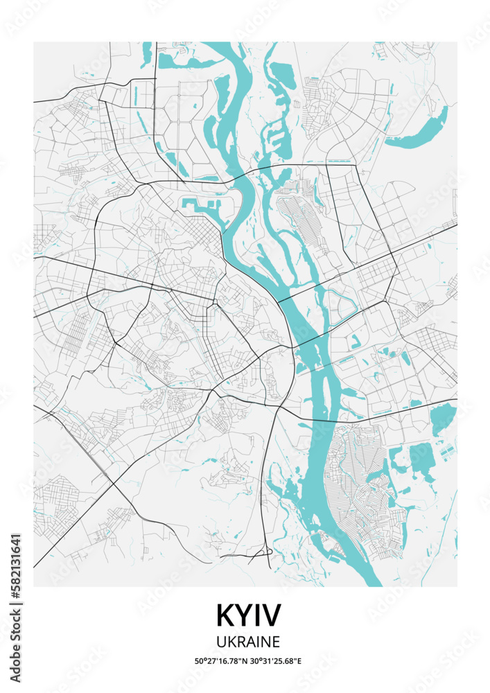 City map art of Kyiv city in Ukraine. Road map of Kiev (UA). Black and ...