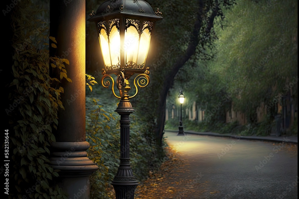 beaful vintage lamp post with lit lamp on alley in park, created with ...