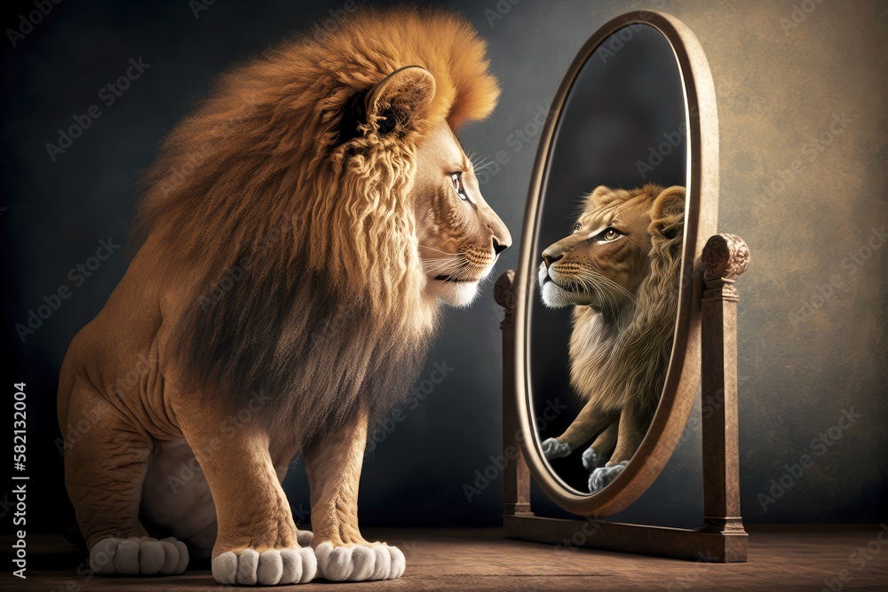 lion looking in mirror and seeing itself as small cat, created with ...