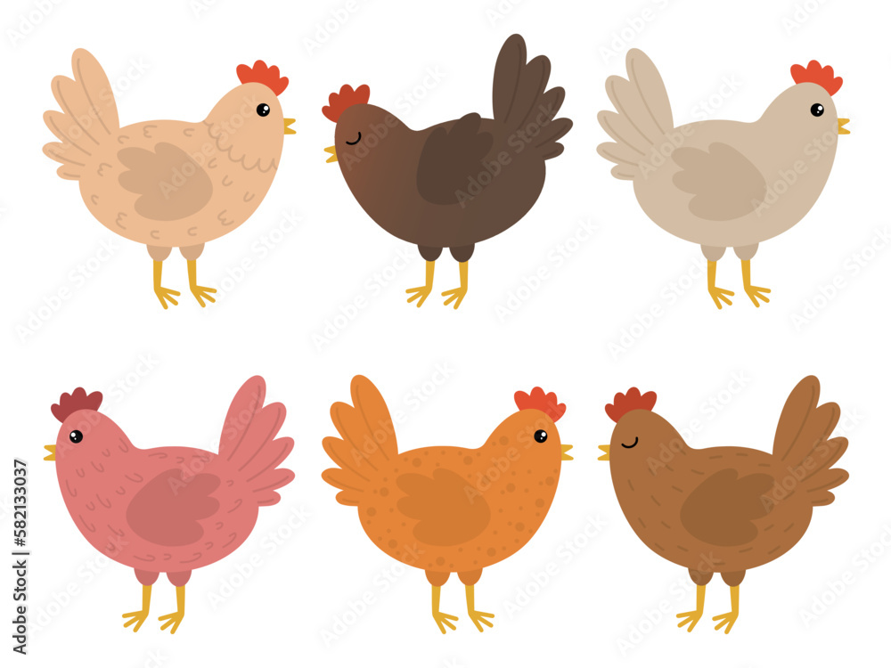 Set of cute chickens. Easter colored cartoon chickens. Vector ...