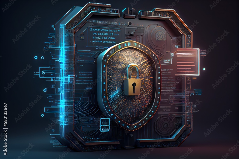 Cybersecurity concept. Door lock on laptop and microchips. Symbol of ...