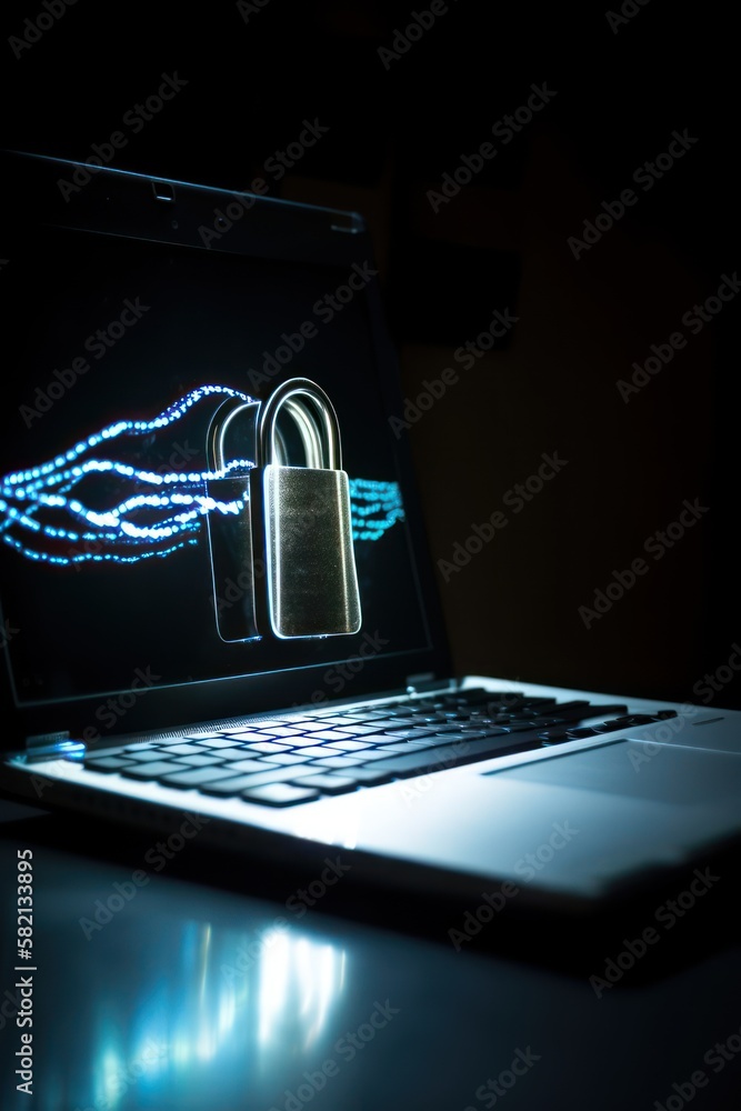 Cybersecurity concept. Door lock on laptop and microchips. Symbol of ...