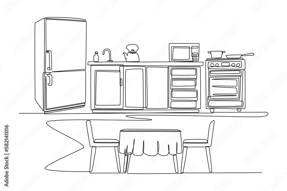 Single one-line drawing simple design of kitchen space for the family ...