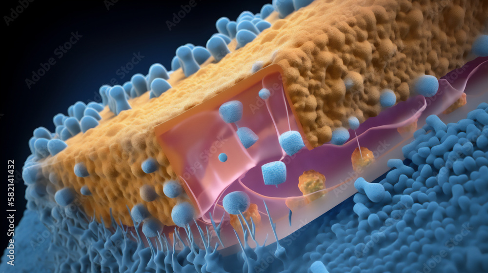 Cellular membrane cross section concept with receptors and protein flow ...