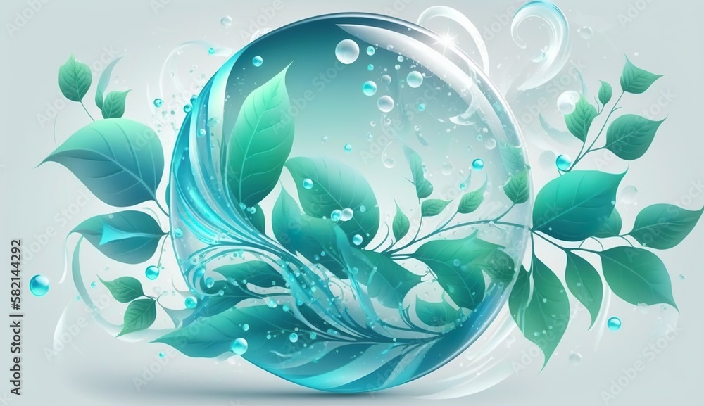 Freshness effect, blue air or wind flow with green leaves. Glow circle ...