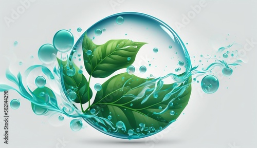 Freshness effect, blue air or wind flow with green leaves. Glow circle ...