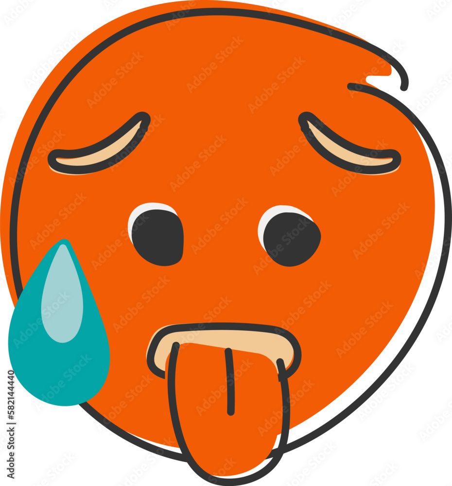 Hot emoji. Overheated emoticon, red face with tongue stuck out. Hand ...