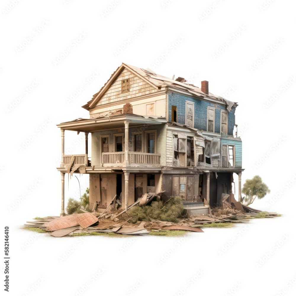 House damaged by a hurricane or natural disaster isolated on a white ...
