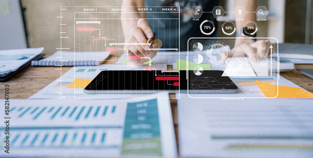 Business woman hand Project manager working and update tasks and Gantt ...