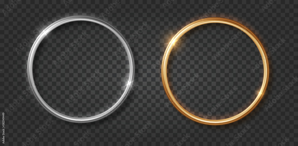Gold and silver chrome ring frame realistic. Round 3d banner with glow ...