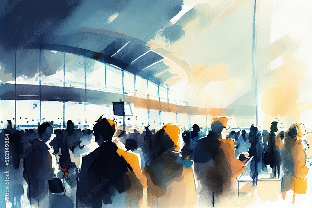 Watercolor Illustration of a Busy International Airport Terminal Out Of ...