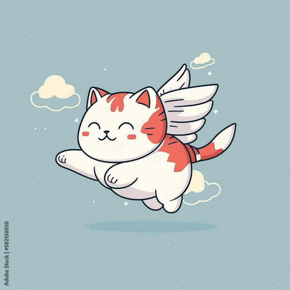 Cute flying cat wearing white wings, premium vector illustration ...