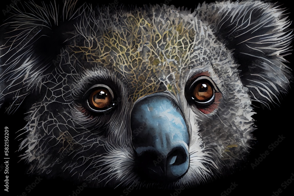 Watercolor Illustration of a Close Up Of A Koala Bear, On A Black ...