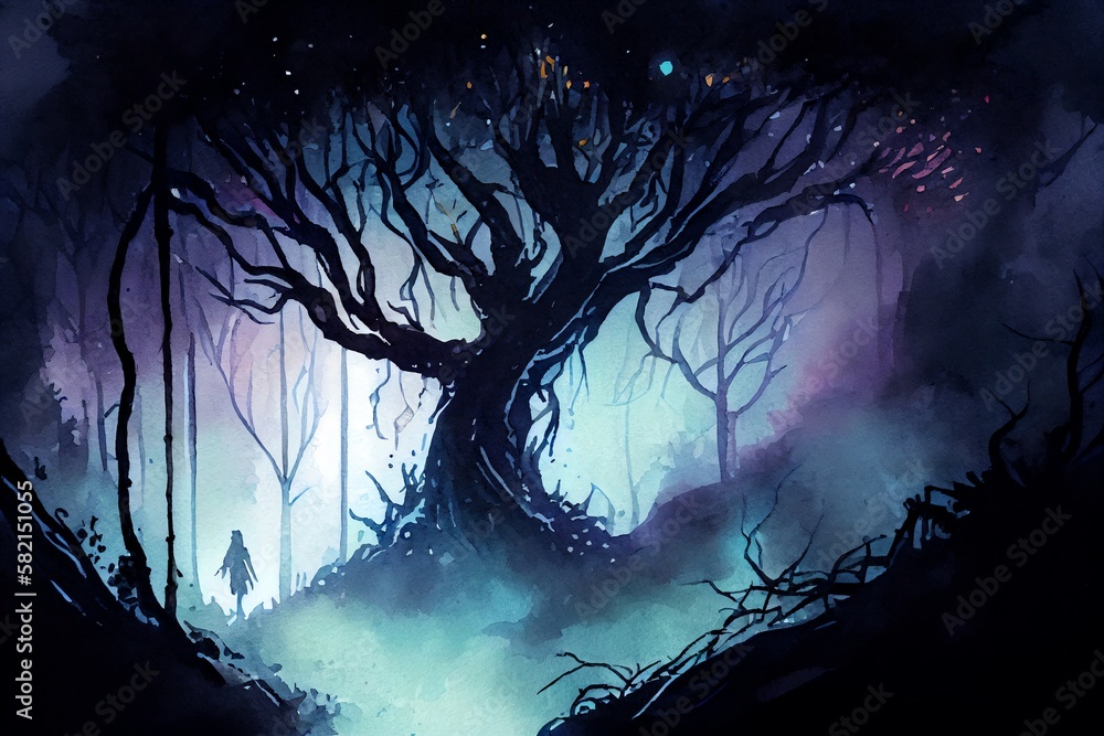 Watercolor Illustration of a Dark Tree Silhuettes In Enchanted Forest ...