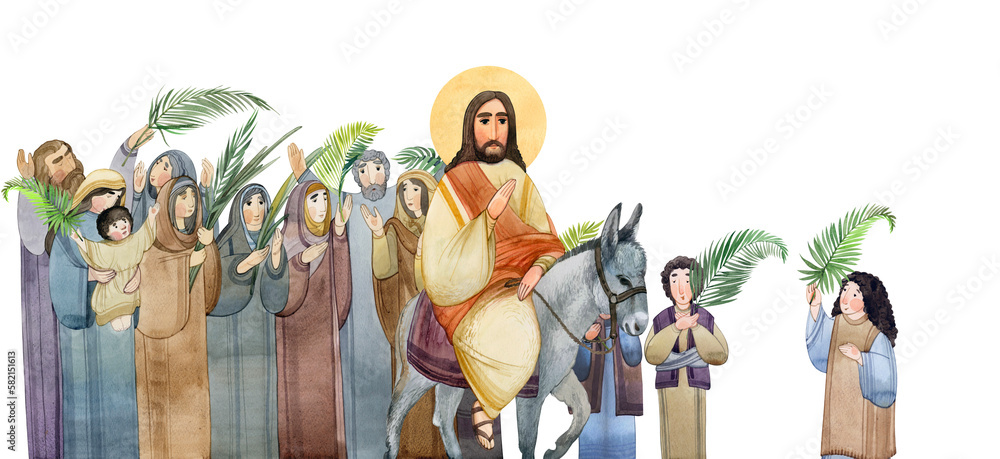 Watercolor illustration of Palm Sunday: Jesus Christ enters Jerusalem ...