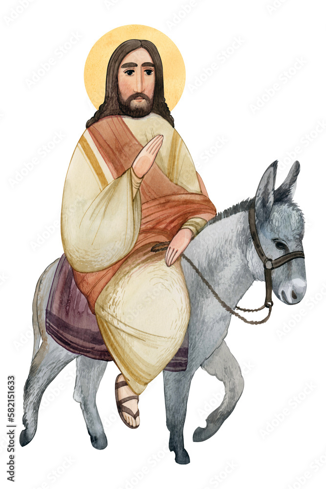 Watercolor illustration of Palm Sunday: Jesus Christ on a donkey ...