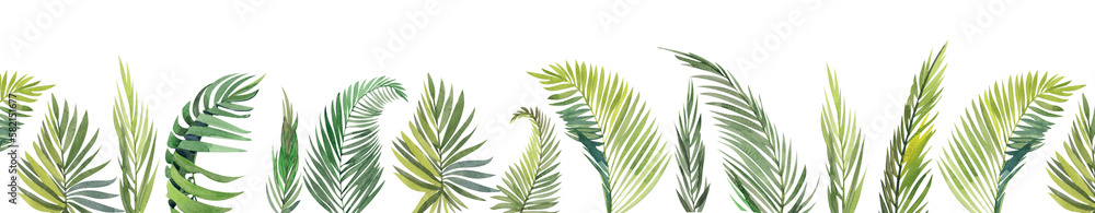 Watercolor seamless border made of palm leaves, branches,isolated ...