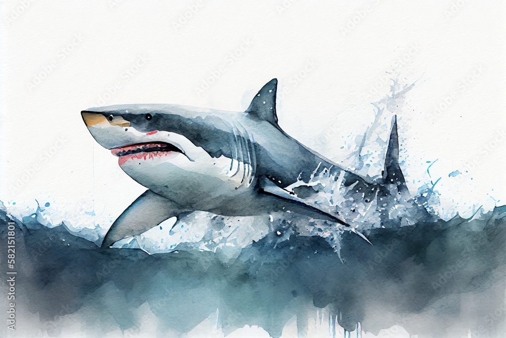 Watercolor Illustration of a Great White Shark Swimming In The Sea ...
