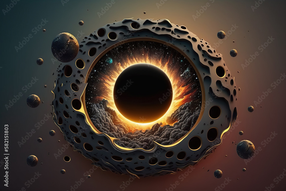 Black hole in a galaxy with planets with nebula over colorful stars and ...