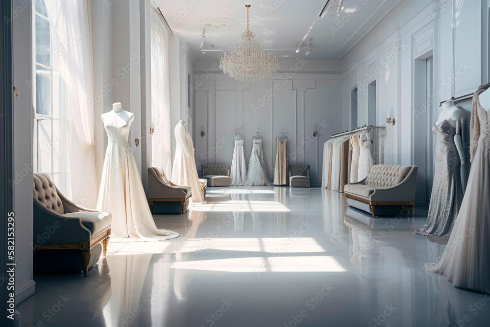 luxurious wedding dresses on display in a large haute couture store ...