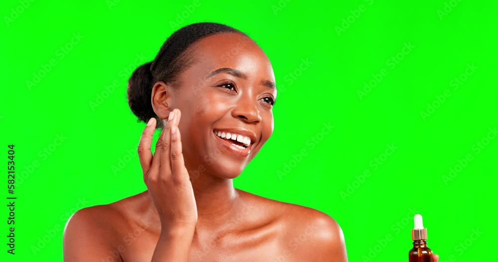 Skincare, green screen and black woman with oil, serum or liquid ...