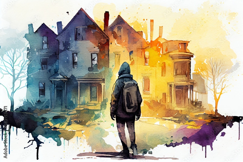 Watercolor Illustration of a Person Walking Through Neighborhood With ...