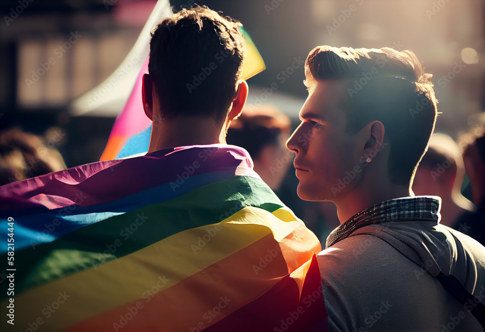 Cute men with lgbt flag on gay parade. AI generated Stock Illustration ...