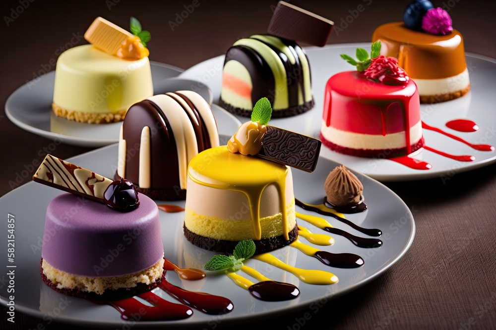 assorted mousse cakes in different flavors and varieties on plate ...
