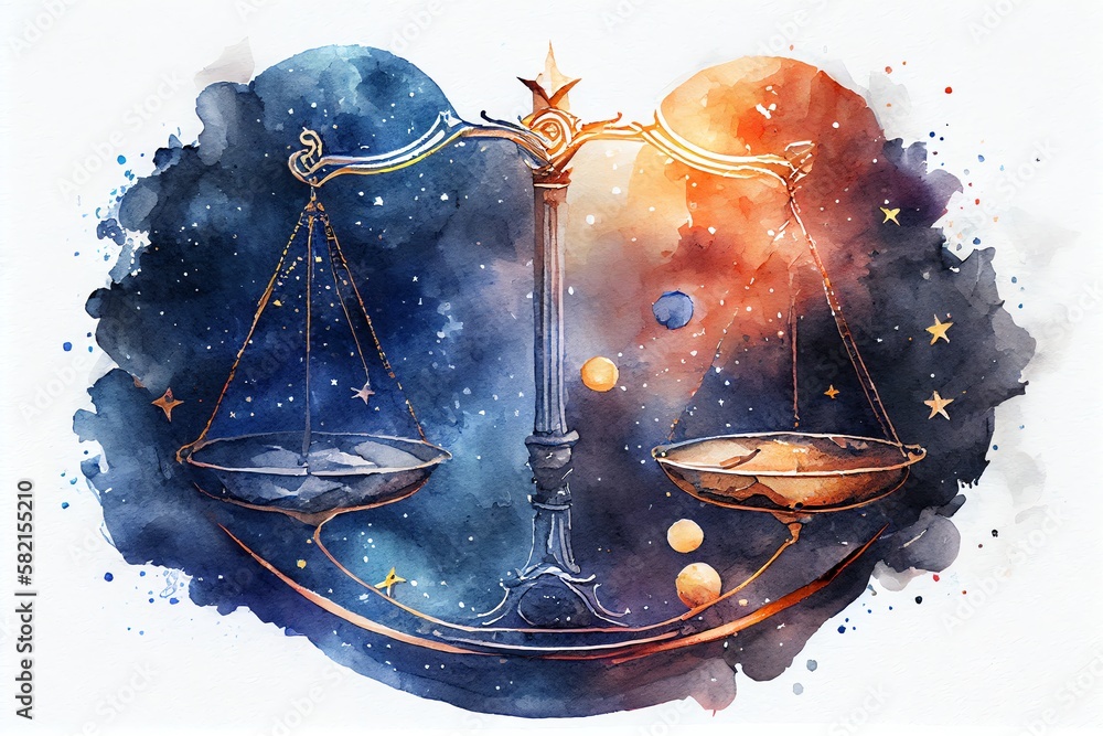 Watercolor Illustration of a Zodiac Sign Of Libra, Scales With Magic Light And Stars In Space ...