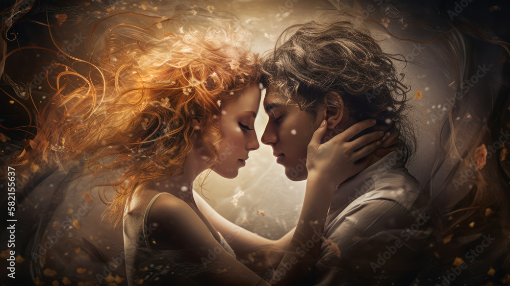 2 soulmates in an ethereal embrace with cloud and dream like background ...