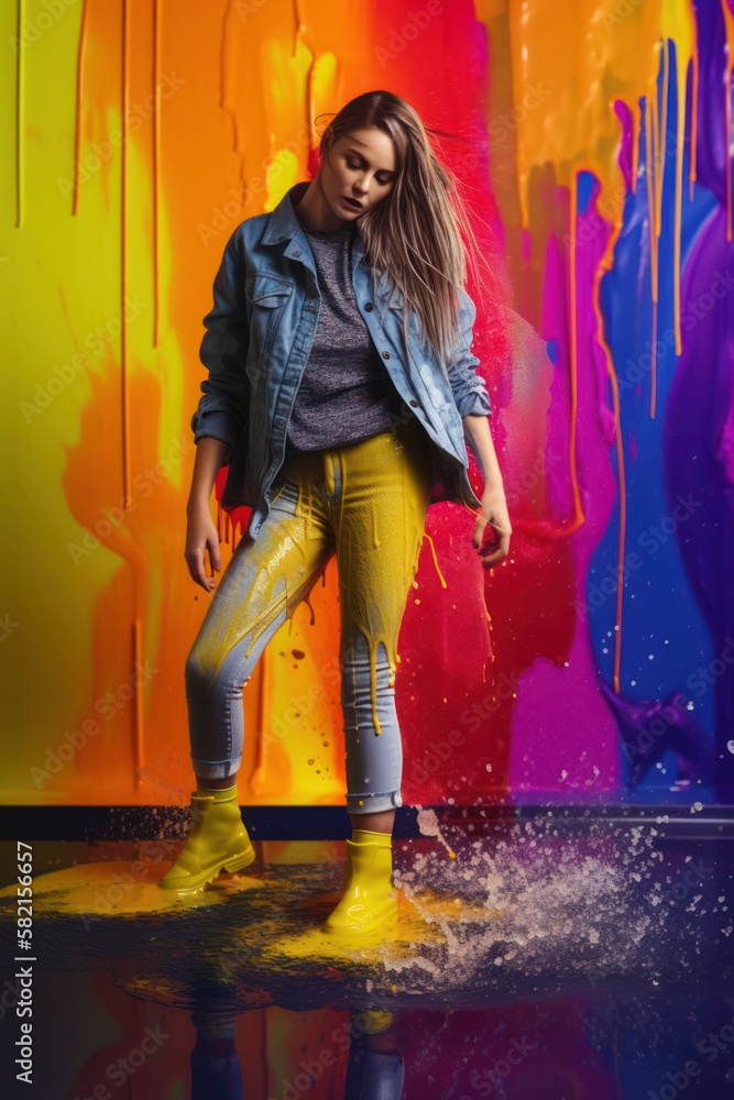 Dynamic image of a woman stomping in a puddle of rainbow liquid energy ...