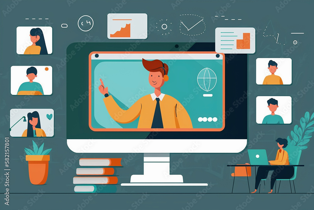 teacher teaching online video conference, teleconference on computer to ...