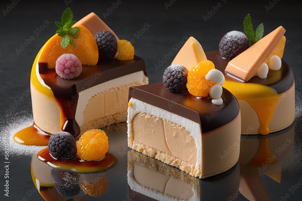 original mousse cakes with pieces of marshmallows, caramel and fruit ...