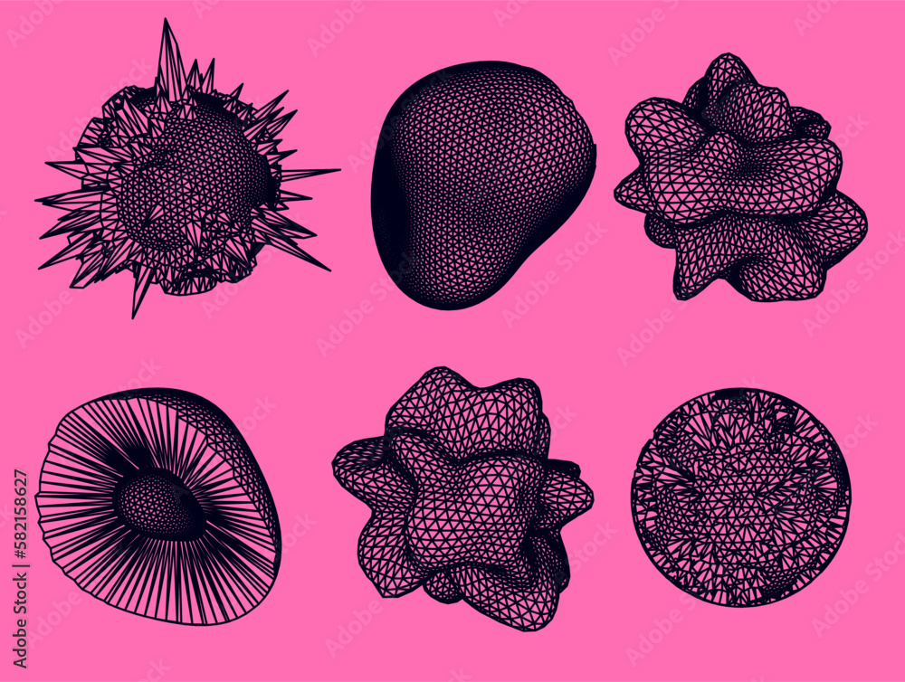 Distorted shapes made of mesh. Set of abstract vector 3D elements for ...