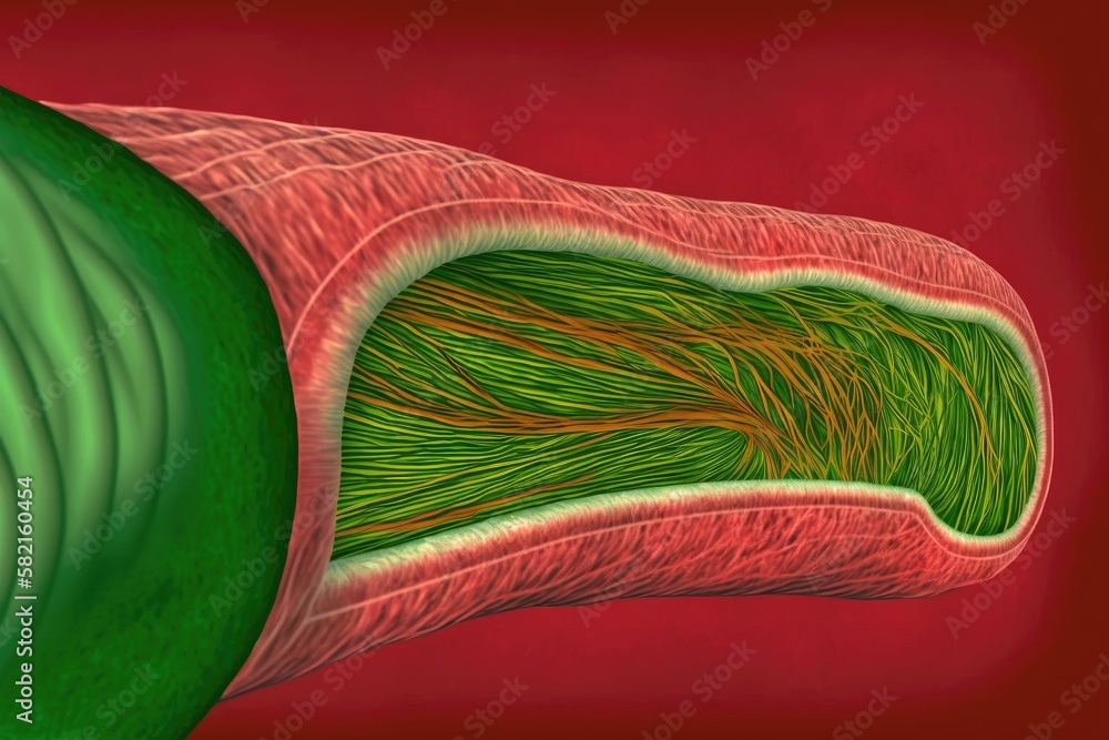 cross-section of red muscle fibers of arm lying on green background ...