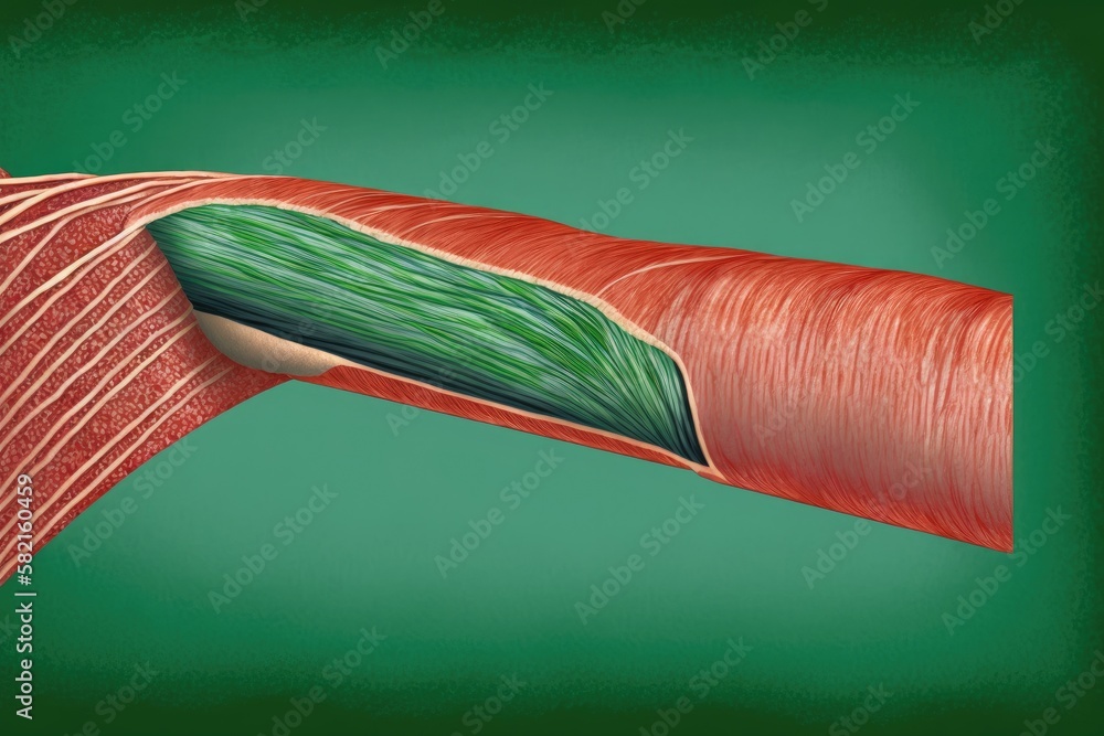 cross-section of red muscle fibers of arm lying on green background ...