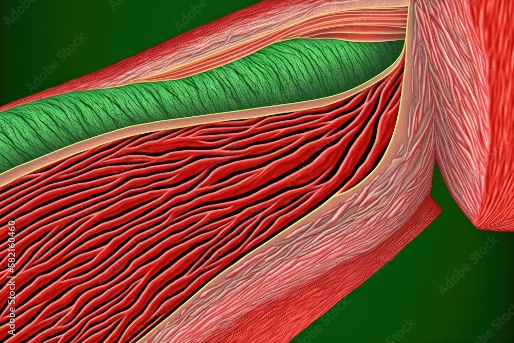 cross-section of red muscle fibers of arm lying on green background ...