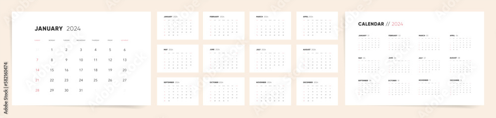 Monthly calendar template for 2024 year. Corporate business calendar in ...