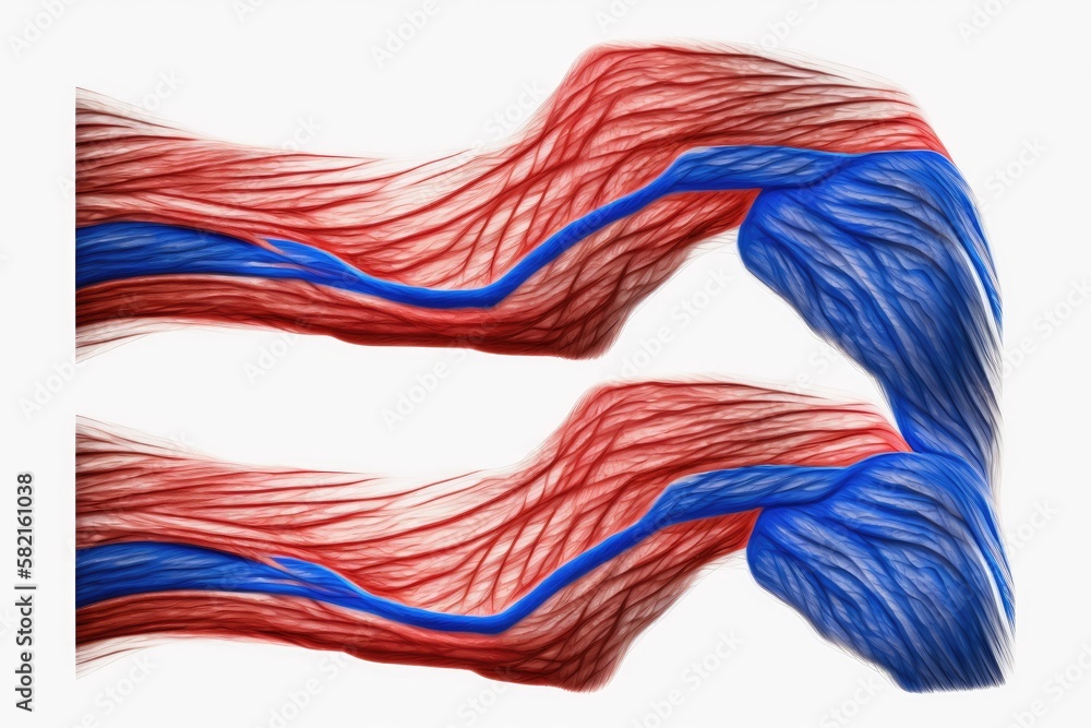 red and blue muscle fibers of arm isolated on white background, created ...