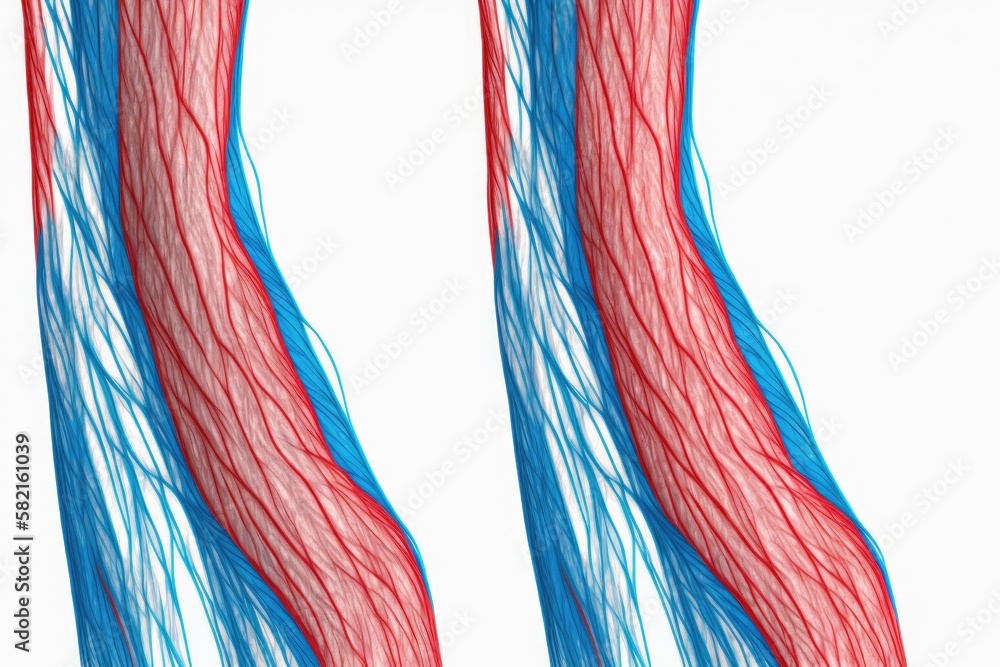 red and blue muscle fibers of arm isolated on white background, created ...