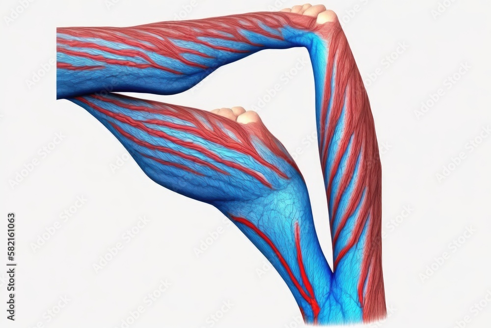 red and blue muscle fibers of arm isolated on white background, created ...