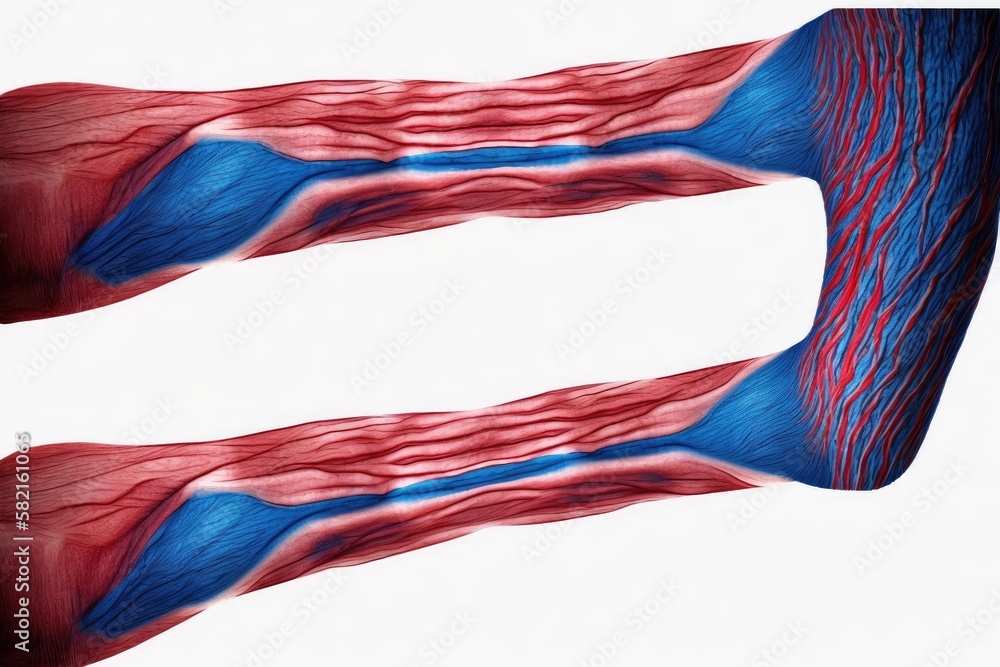 red and blue muscle fibers of arm isolated on white background, created ...