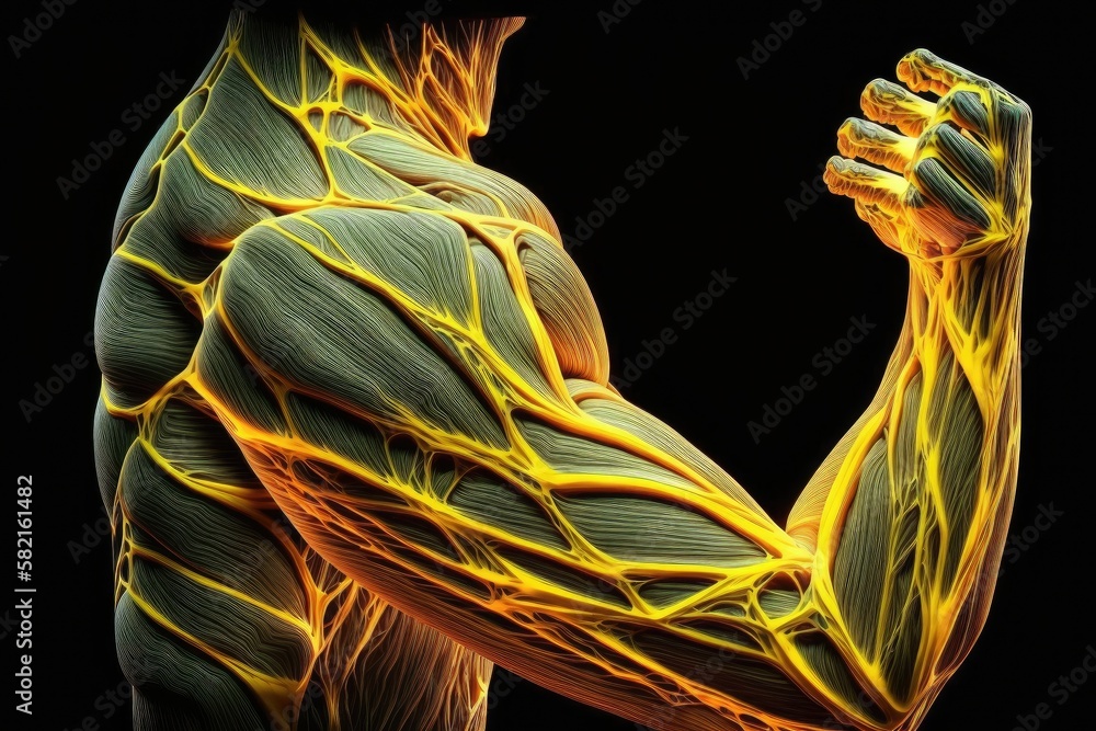 yellowing skin muscles of arm muscle fibers, created with generative ai ...