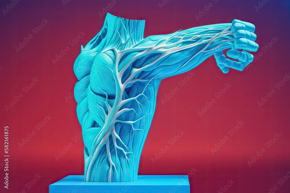 tattered striated muscle fibers of arm of athlete in magnifying detail ...