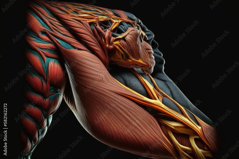 stretched skin with muscles and muscle fibers of arm in black ...