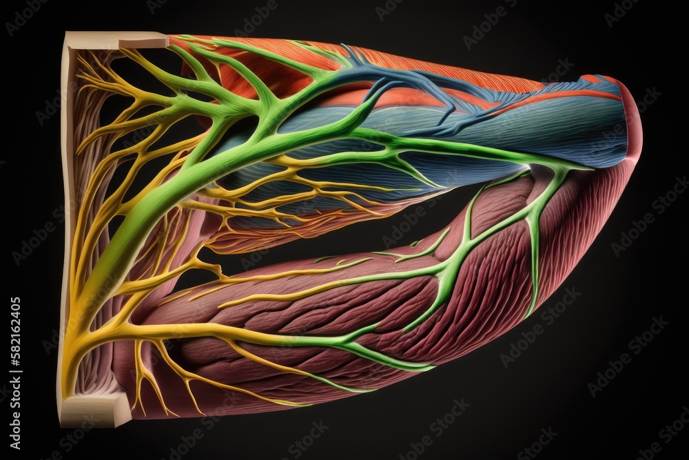 anatomical model of arm with muscle fibers in light and dark colors ...