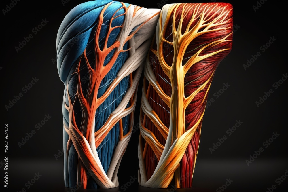 anatomical model of arm with muscle fibers in light and dark colors ...