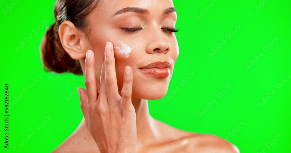Woman, face and skincare moisturizer on green screen, mockup or ...